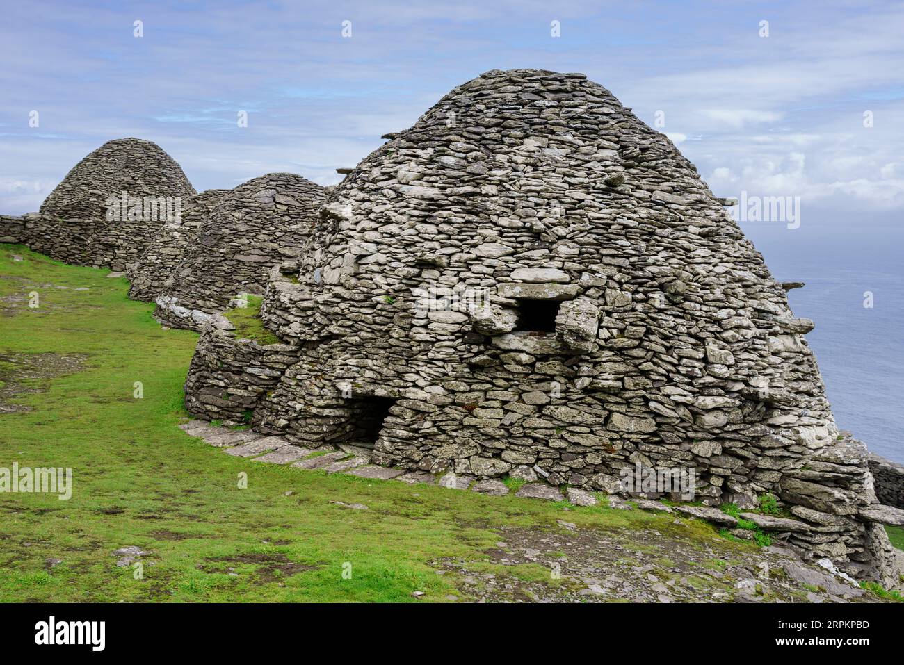 clochans, stone cells. monastery at the top, Skellig Michael island ...