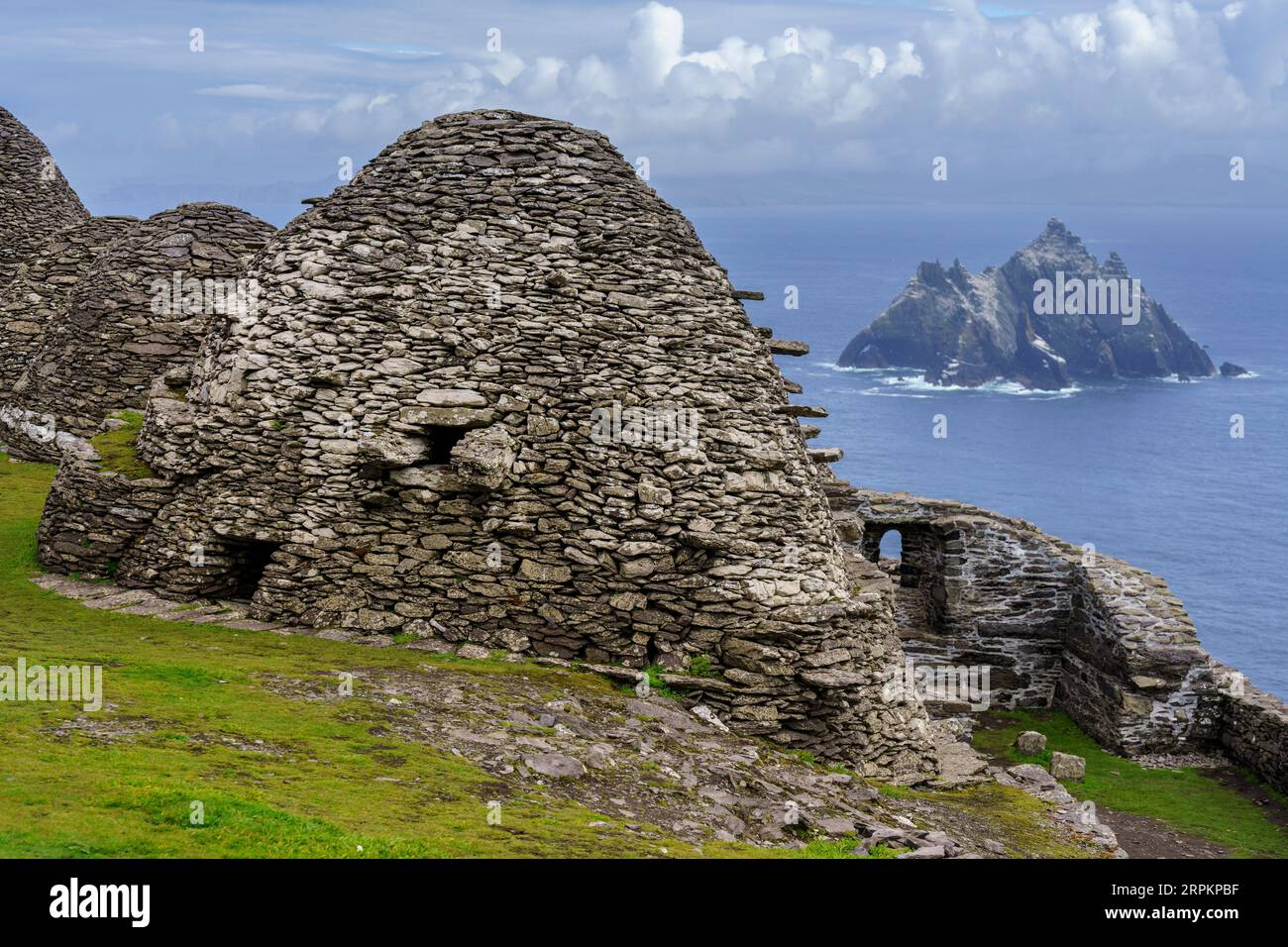 clochans, stone cells. monastery at the top, Skellig Michael island ...