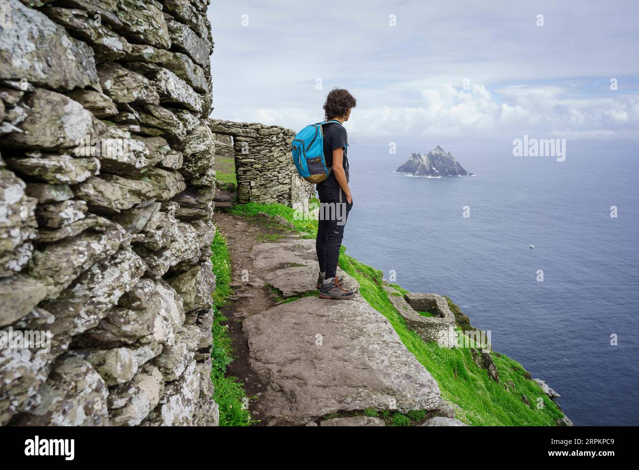 visitors on the steep path up to the monastery, Skellig Michael island ...