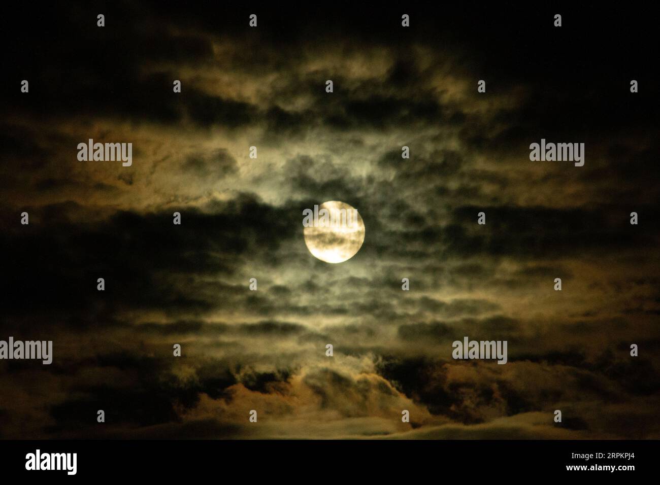A luminous full moon behind the clouds illuminating the night sky Stock ...