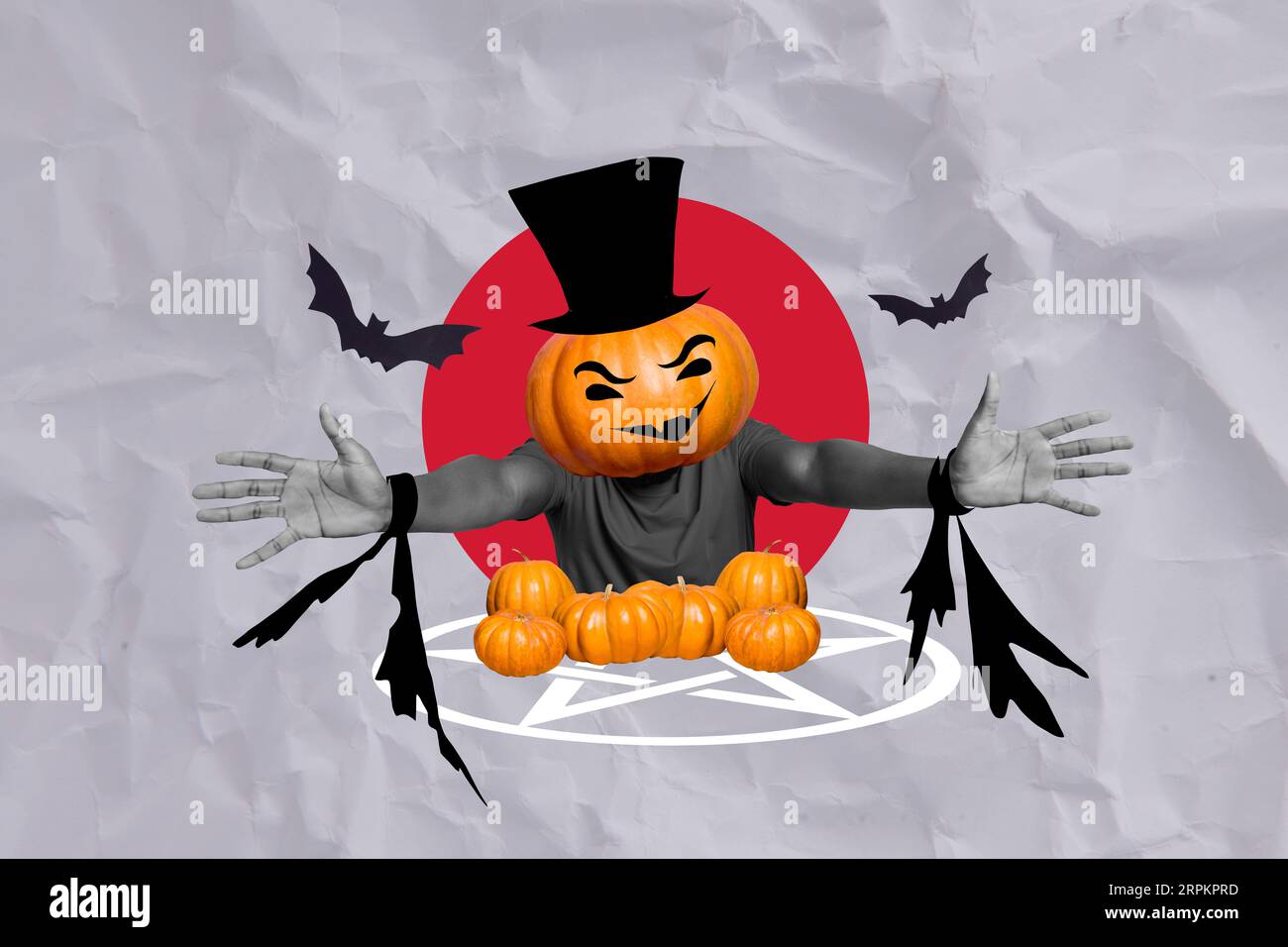 Picture collage of creepy male personage pumpkin face flying open hands ...