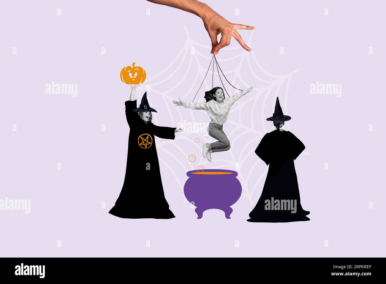 Picture concept collage of human arm hold scared girl put inside ...