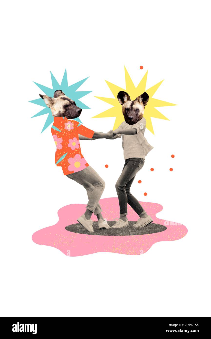 Vertical collage of two dancing wild animals have fun hands together ...