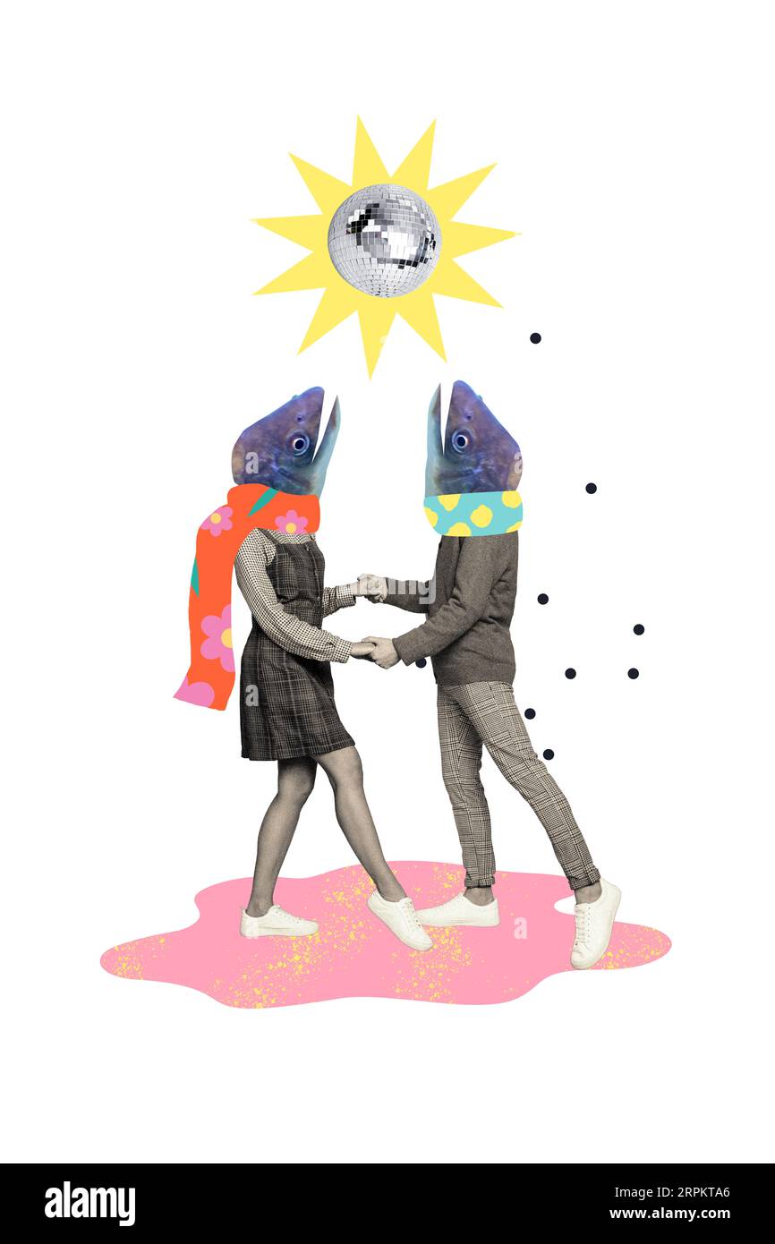 Collage funny picture of two dancing people wear theme conceptual fish ...