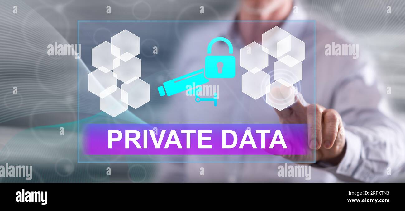 Man touching a private data concept on a touch screen with his finger ...