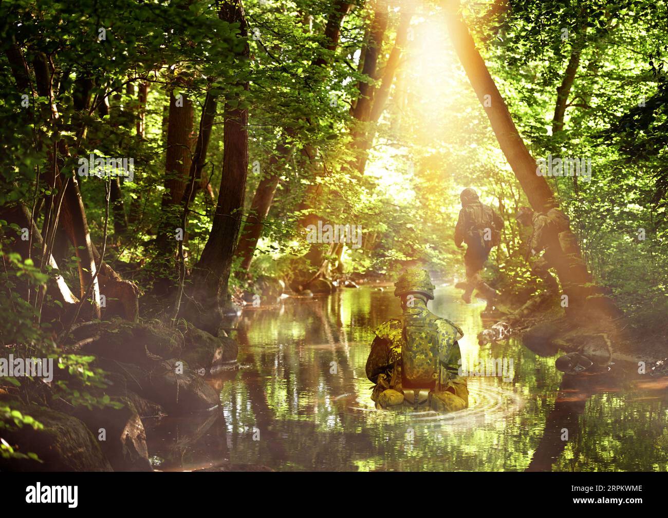 Army, camouflage and forest at war with soldiers and disguise in nature ...