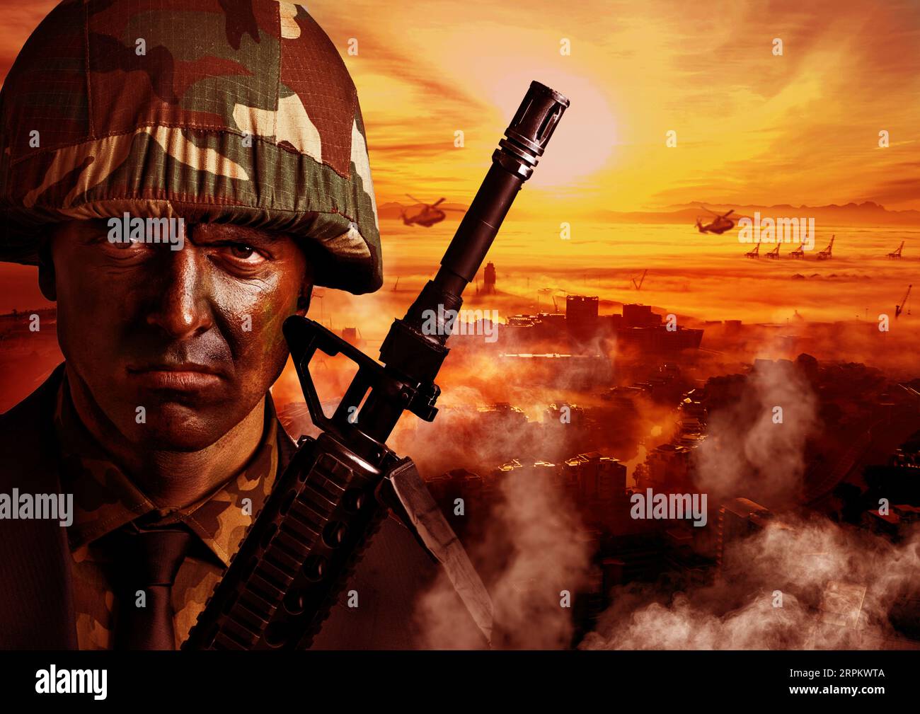 Explosion, military and portrait of soldier with fire in warzone for ...