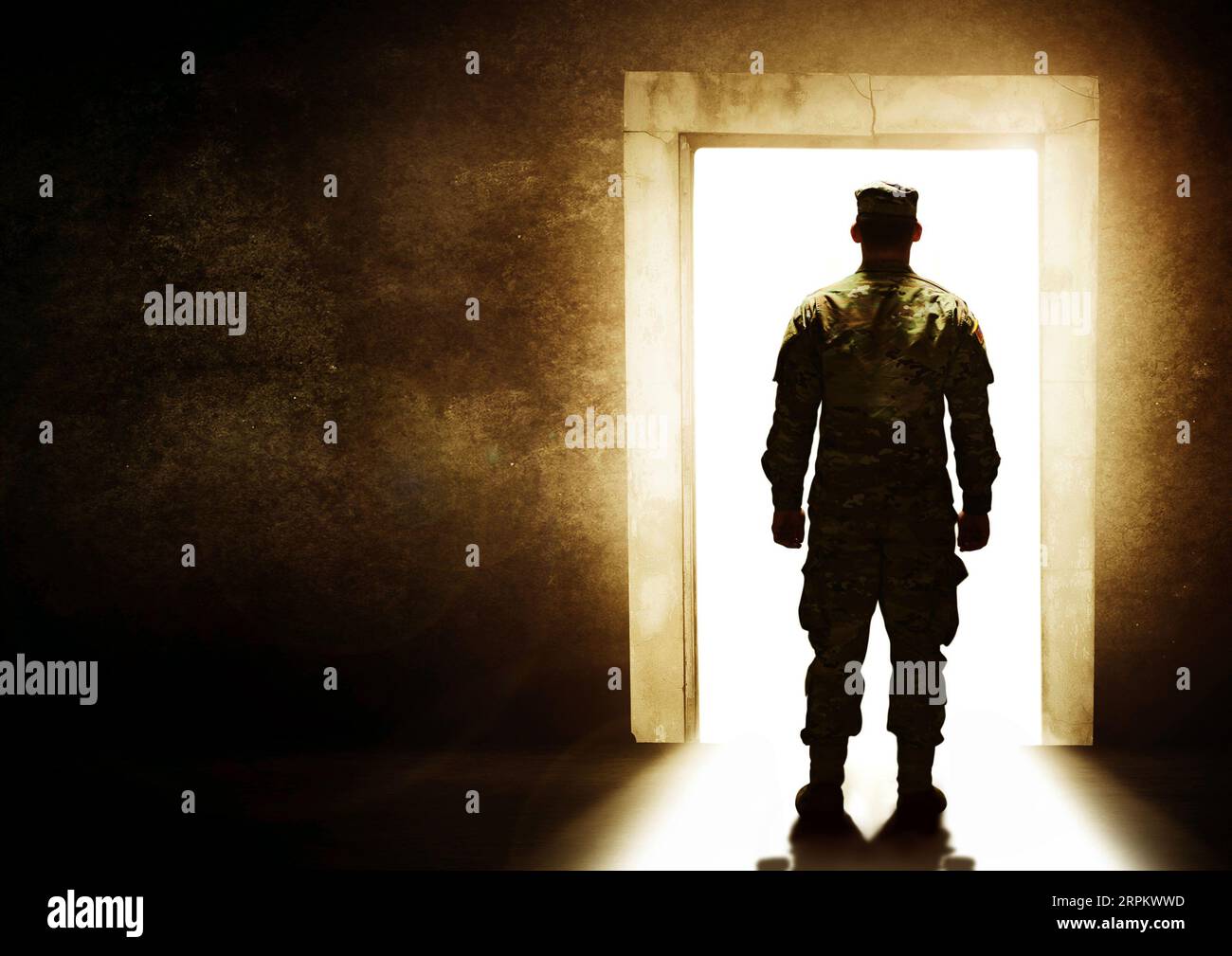 Military, door and man leaving home for service, army duty and battle ...