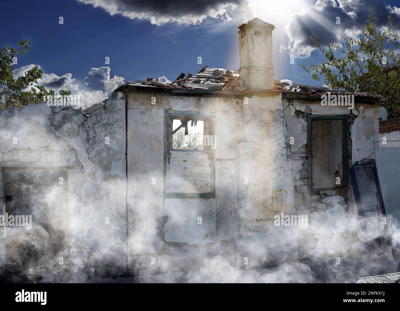 Disaster, damage and accident with house and smoke from danger, chaos ...