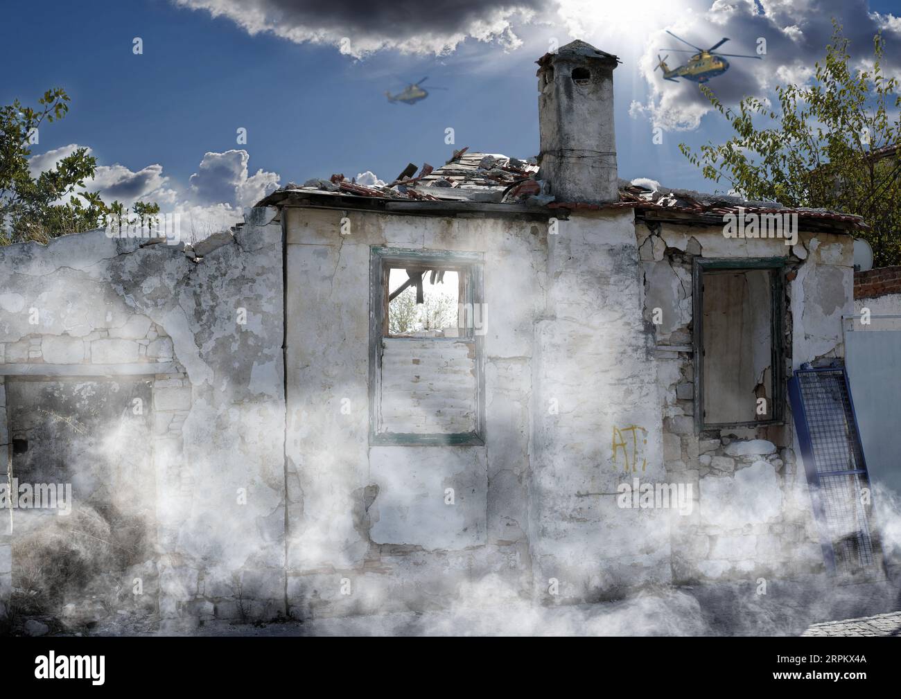 War, damage and attack with house and smoke from danger, chaos fire and ...