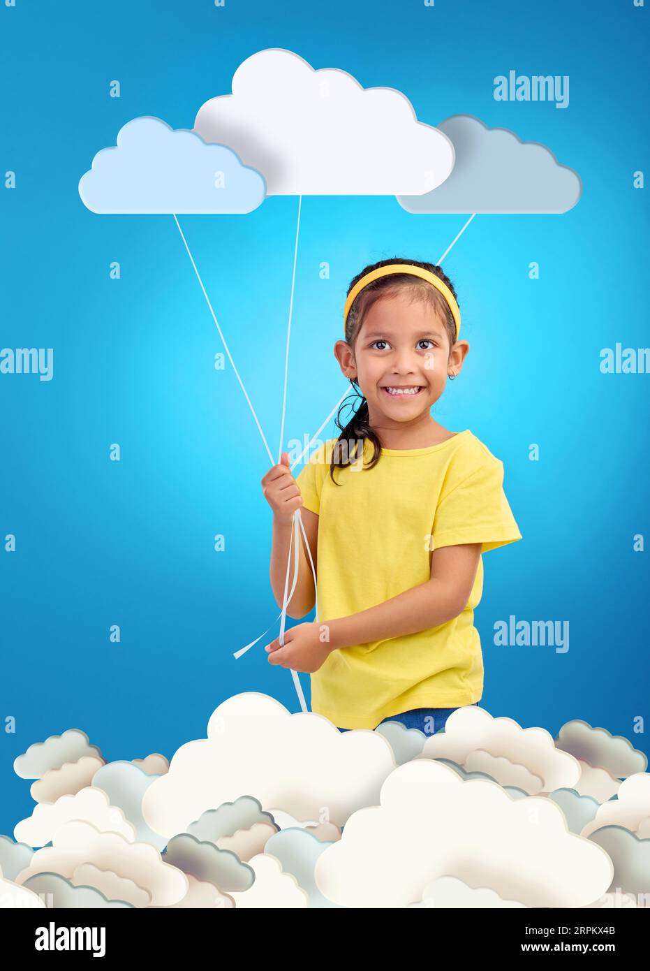 Creative, portrait and girl child with paper clouds in studio for art ...