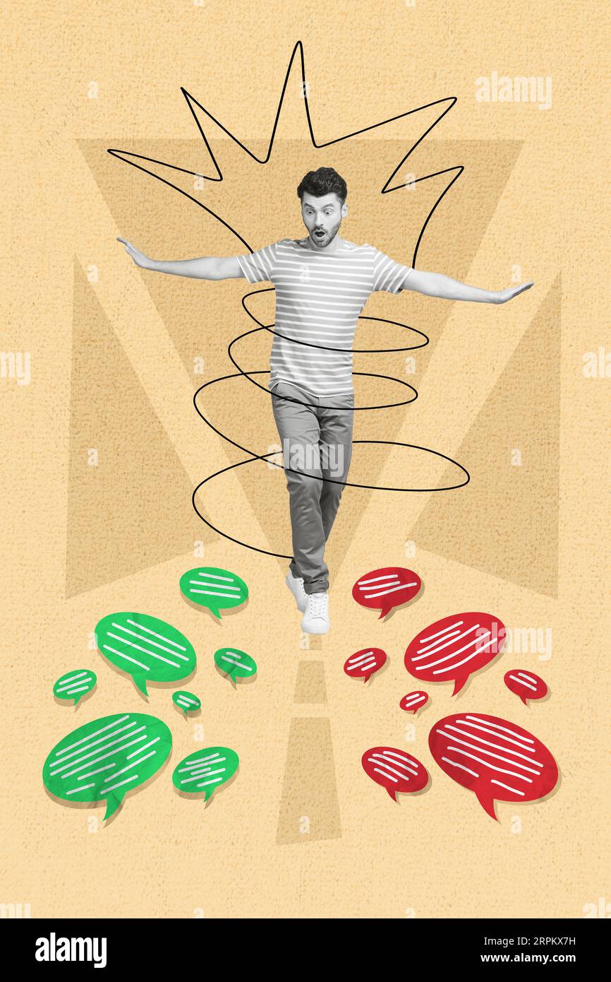 Vertical collage picture of black white colors impressed guy tied ...