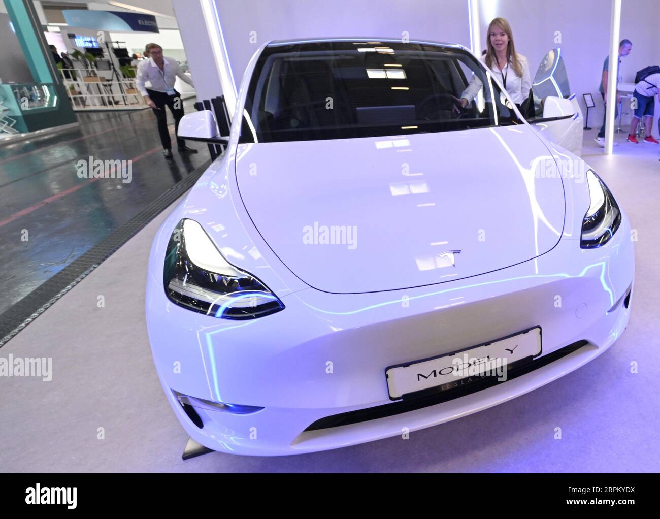Munich, Germany. 05th Sep, 2023. A Tesla Model Y stands at the IAA ...