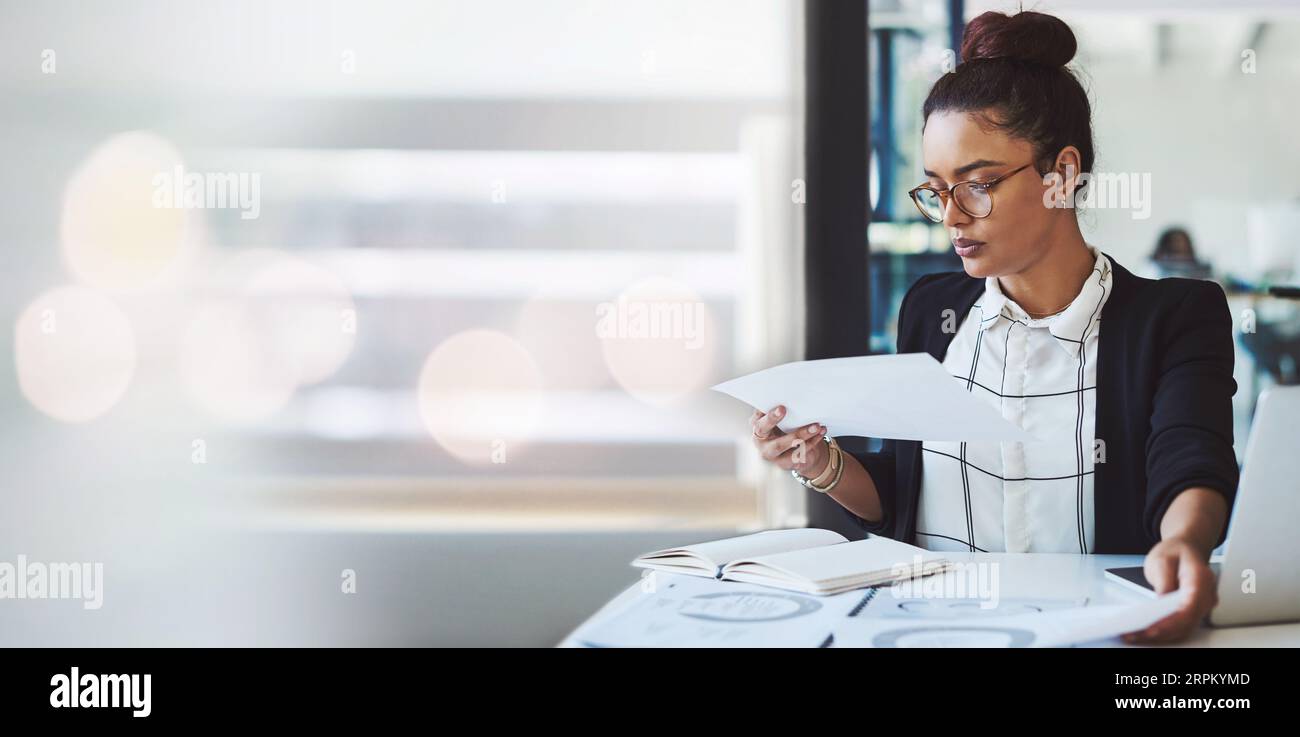 Business woman, documents and data analytics review, human resources ...