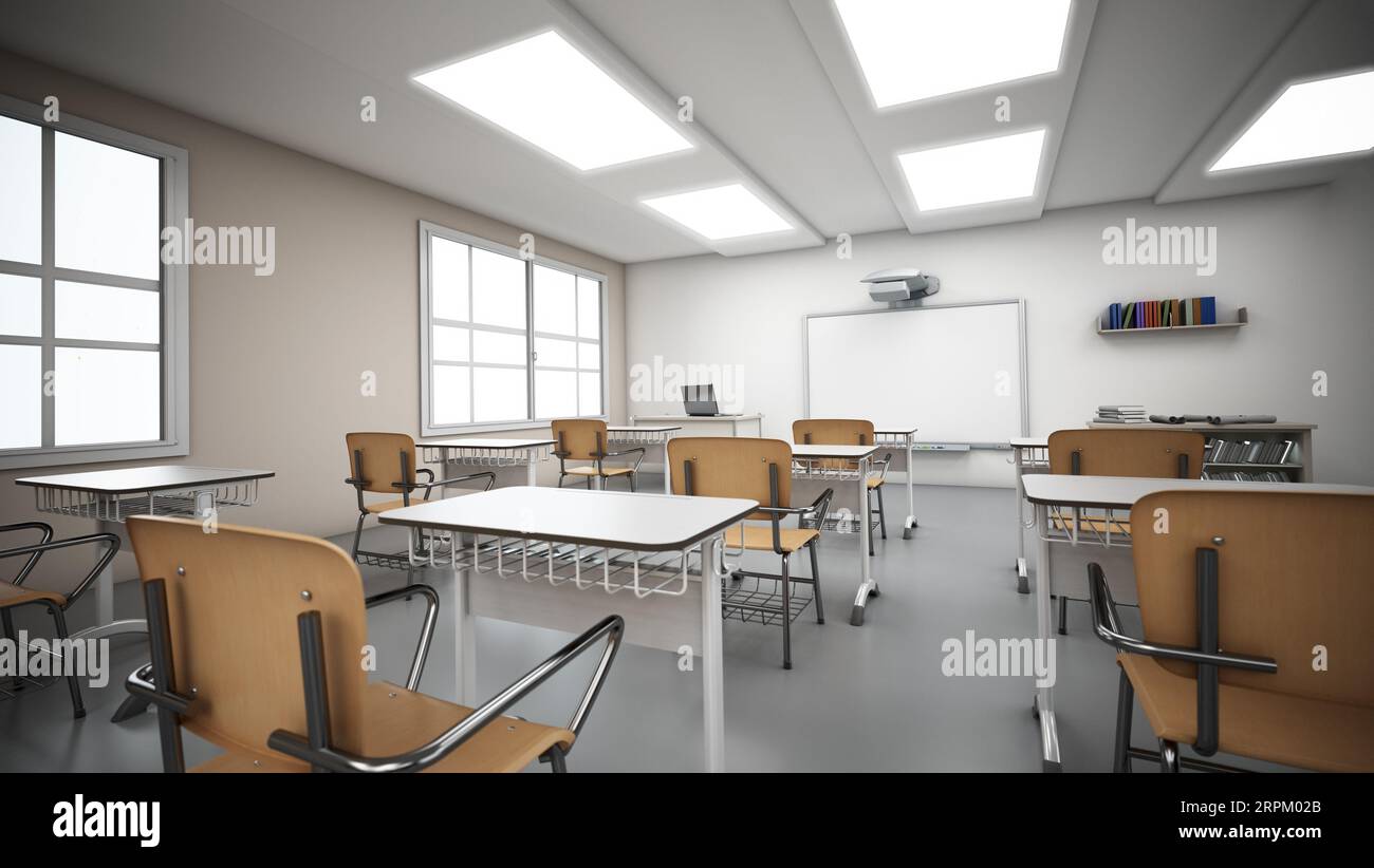 Rows of student desks inside the classroom. 3D illustration Stock Photo ...