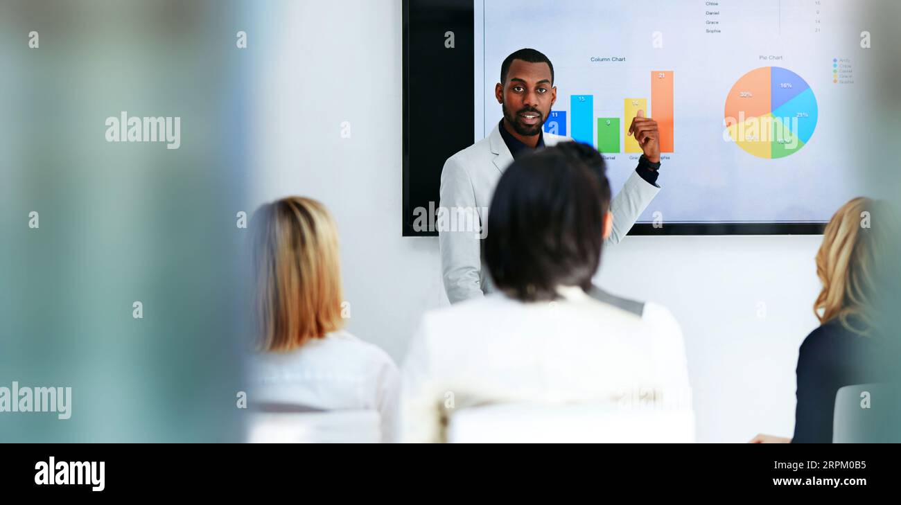 Business man, presentation portrait and screen for data analysis, pie ...