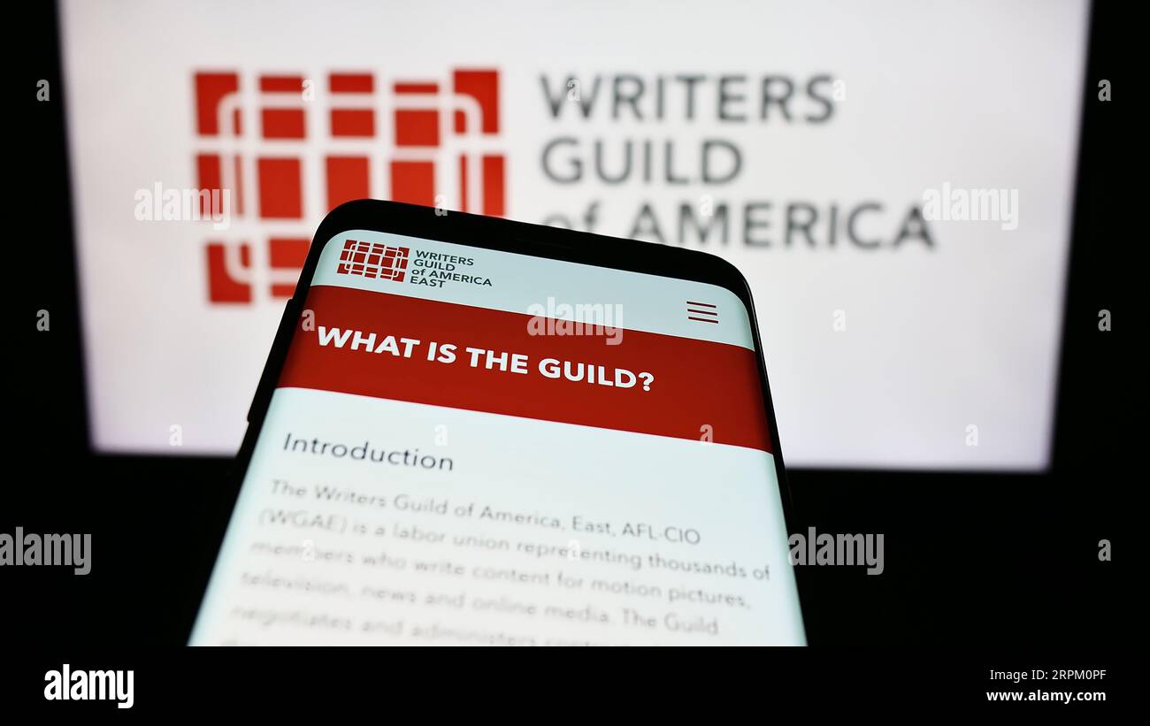 Mobile phone with website of labor union Writers Guild of America East ...