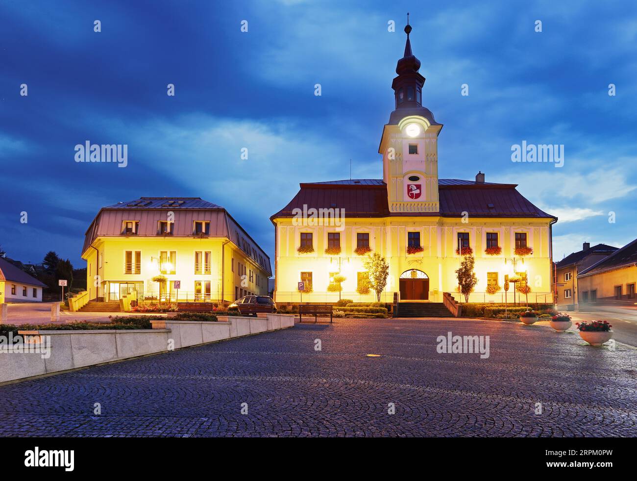 Hlinsko city, Czech Rapublic - Baroque town hall with clock tower at ...