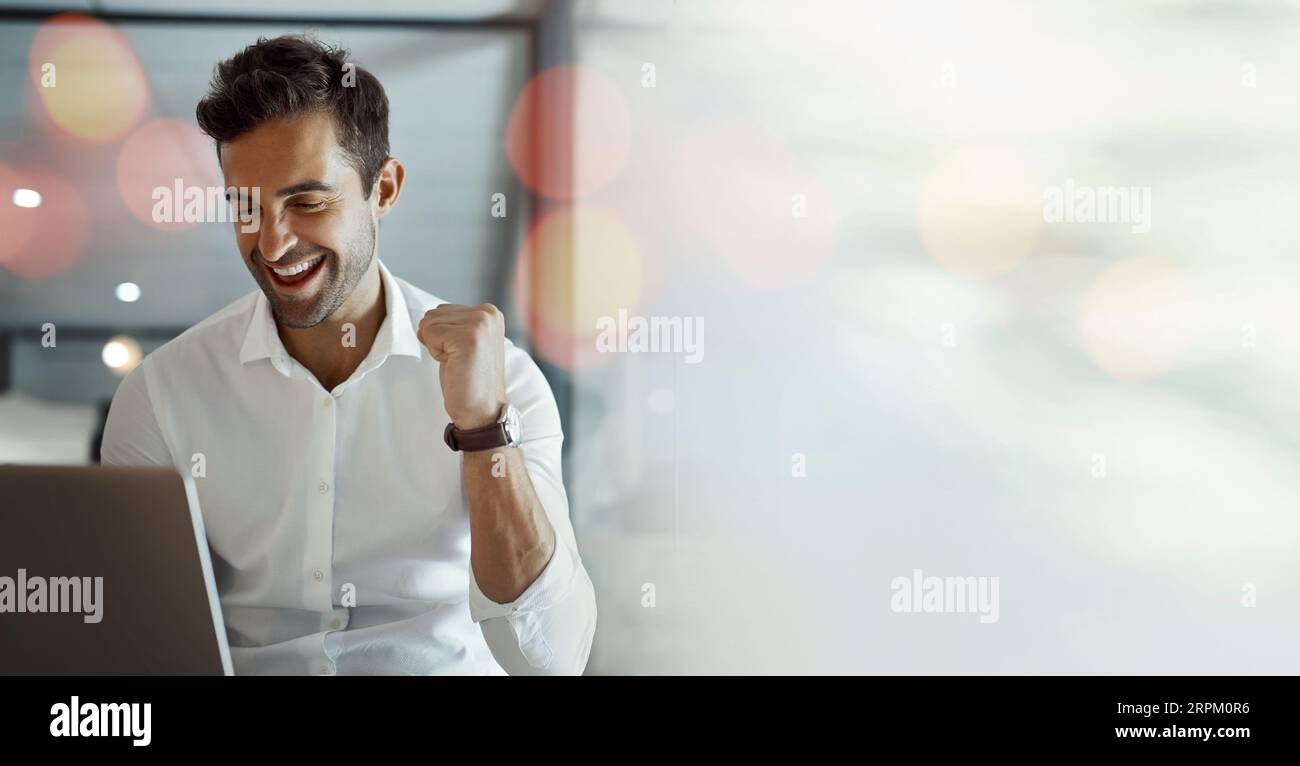 Mockup, laptop or happy man trading with success, goals or sales target ...