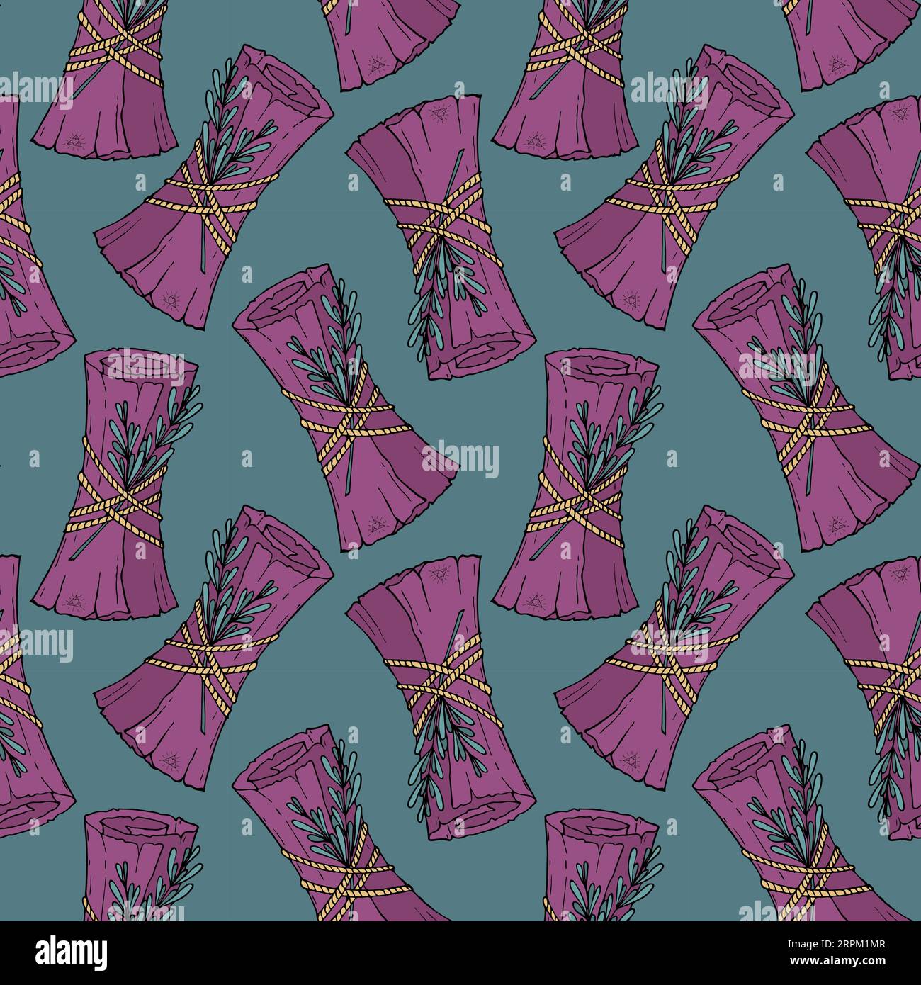 Pattern Magic scroll witchcraft hand drawn doodle, with rosemary twigs ...