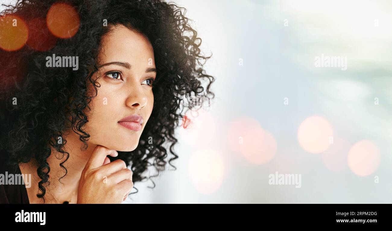 Woman, face and thinking, banner and future with ideas, dream and inspiration with mockup space ...