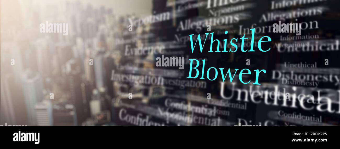 Whistleblower, information and secret text on banner on city overlay ...