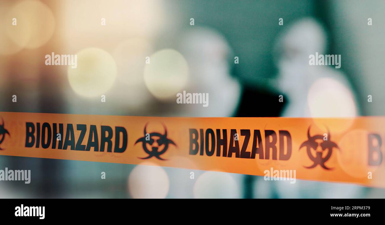 Warning, tape and danger, biohazard and health, infection and barrier ...
