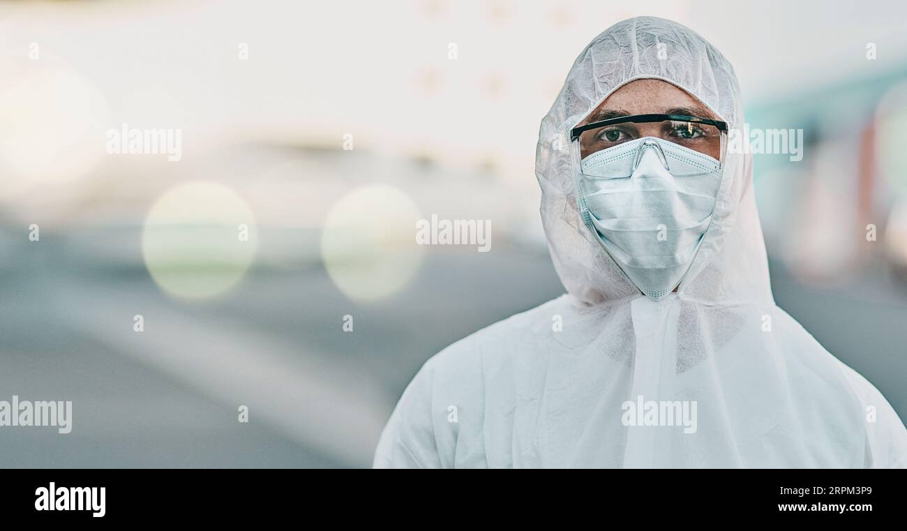Man, face mask and PPE in portrait with safety, Covid compliance with ...