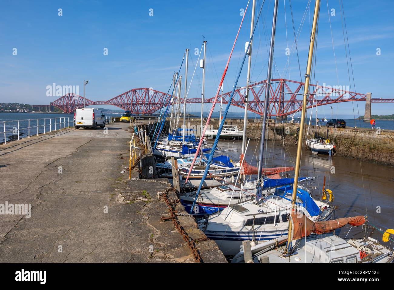 South Queensferry, Scotland, UK - May 13, 2023 - Pier and harbor with ...