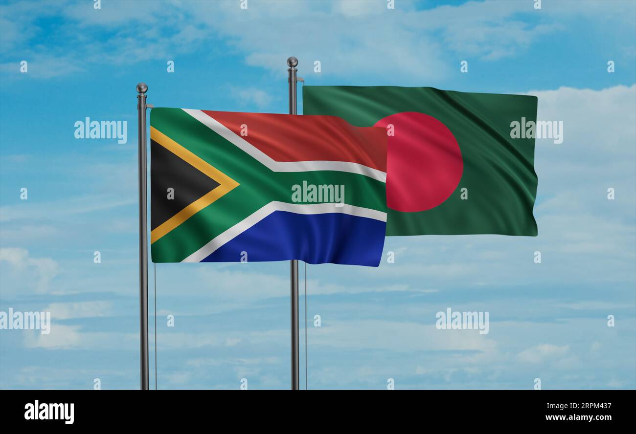 Bangladesh flag and South Africa flag waving together on blue sky, two ...