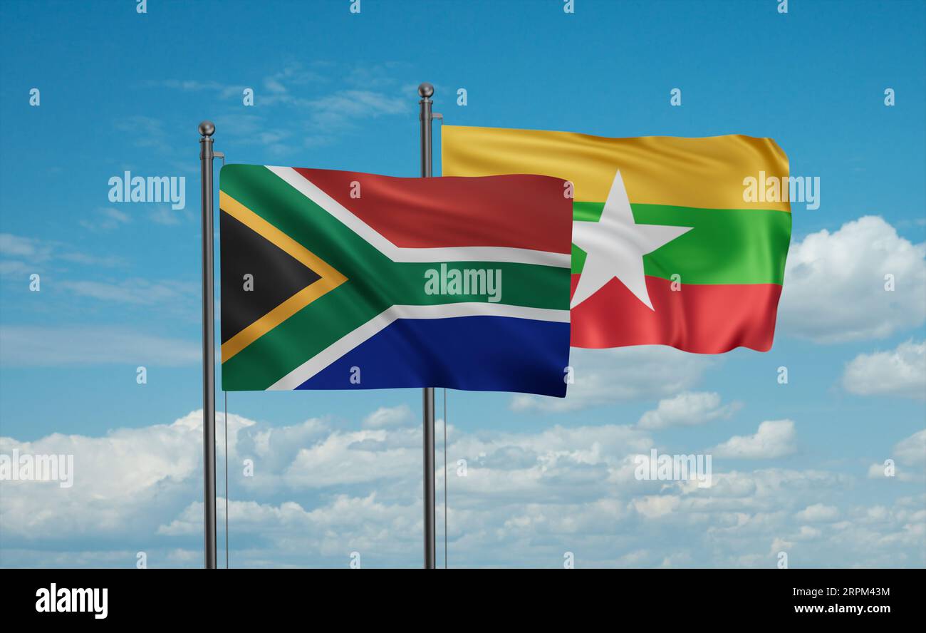 Myanmar aka Burma flag and South Africa flag waving together on blue ...