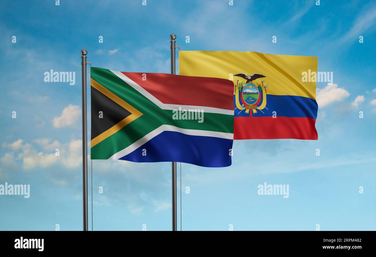 Ecuador flag and South Africa flag waving together on blue sky, two ...