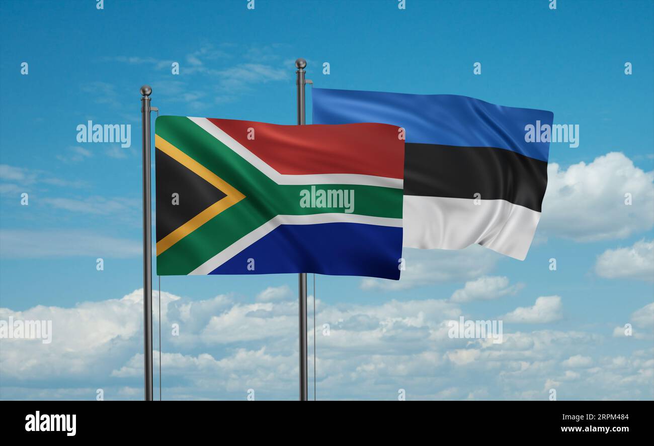 Estonia flag and South Africa flag waving together on blue sky, two ...