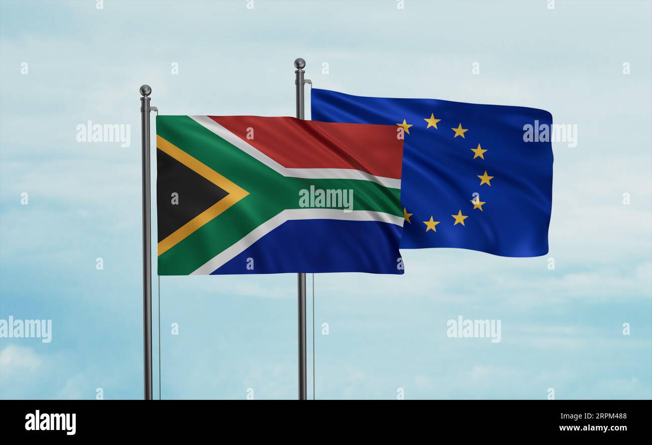European Union and South Africa flag waving together in the wind on ...