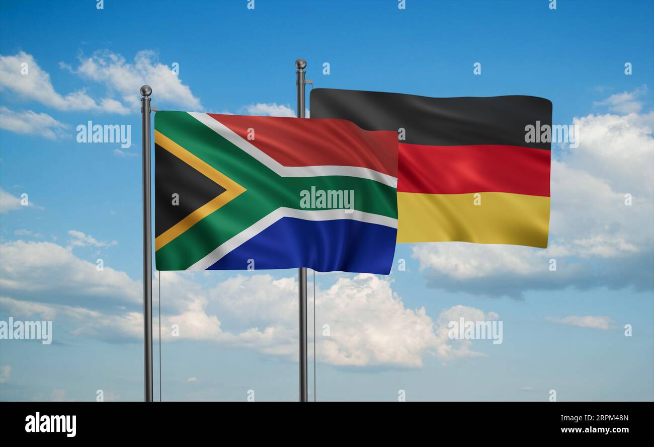 Germany flag and South Africa flag waving together on blue sky, two ...