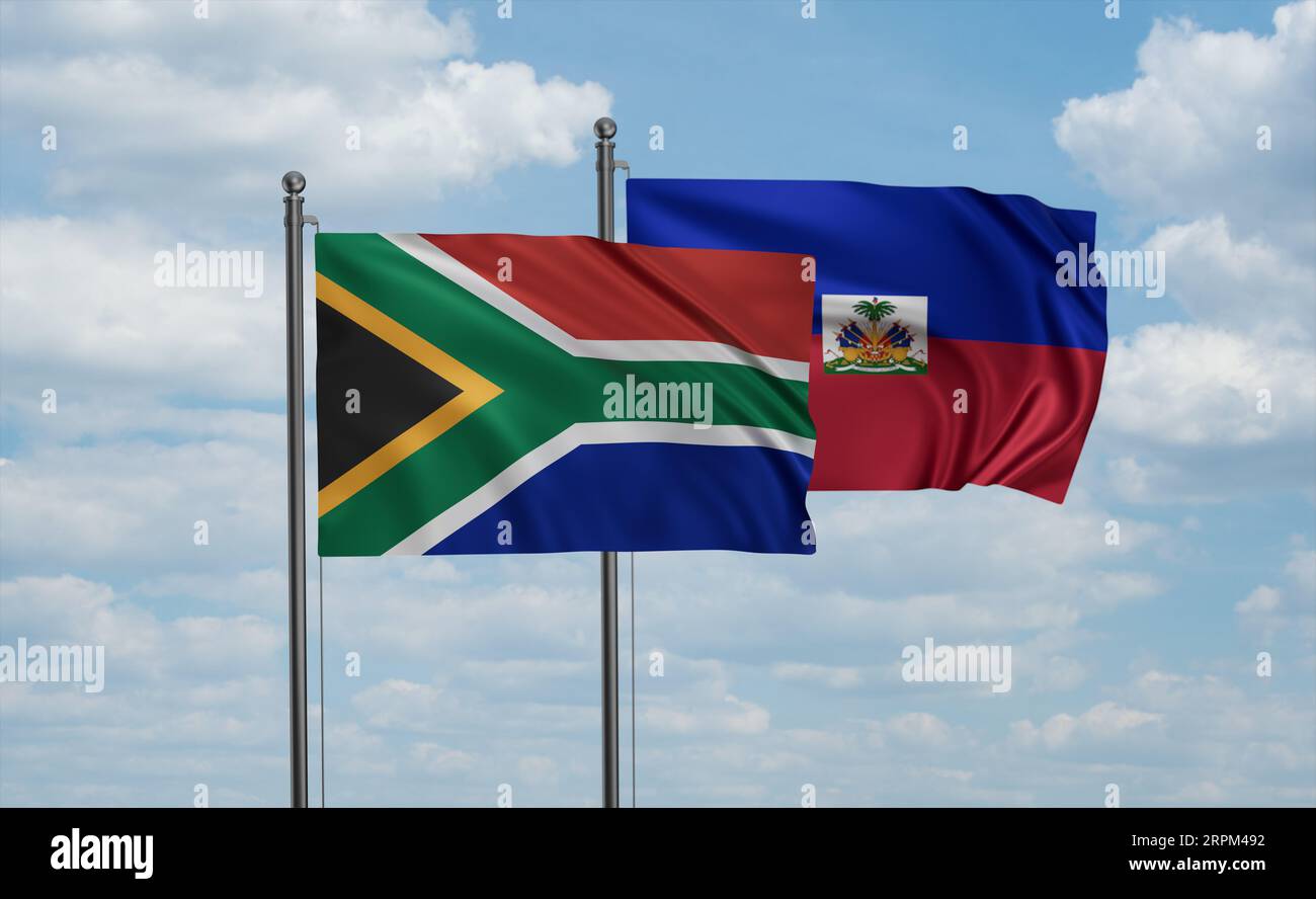 Haiti flag and South Africa flag waving together on blue sky, two ...