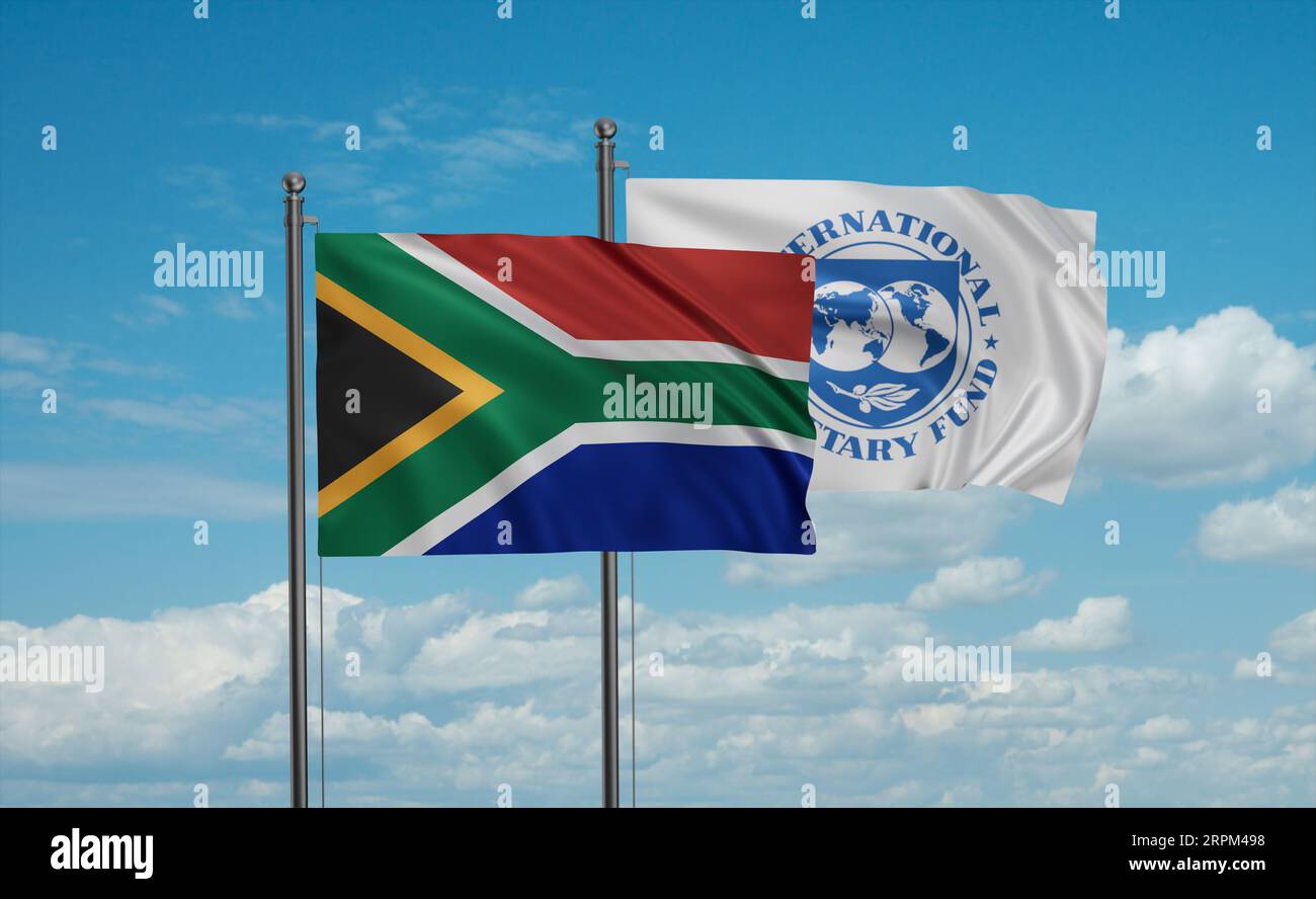 IMF International Monetary Fund flag and South Africa flag waving ...