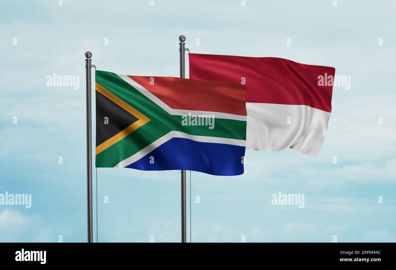 Indonesia flag and South Africa flag waving together on blue sky, two ...
