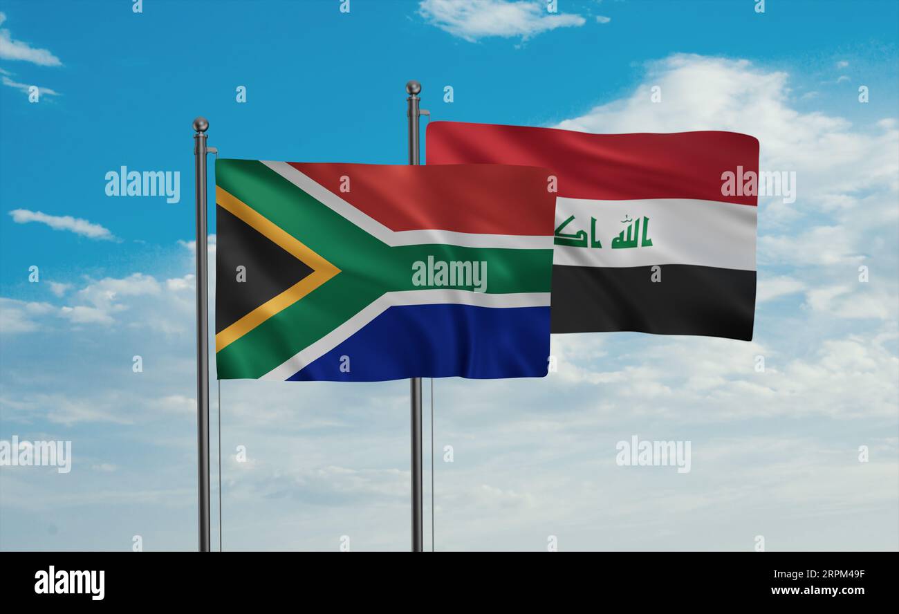 Iraq flag and South Africa flag waving together on blue sky Stock Photo ...