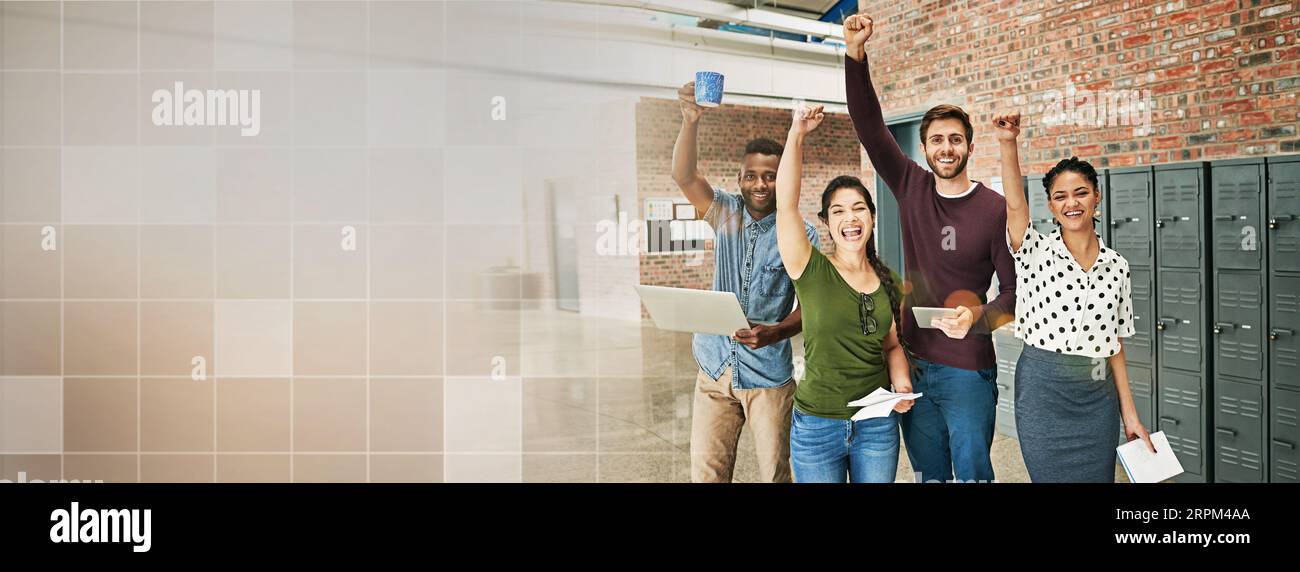 Portrait, startup mockup or excited business people in a meeting ...