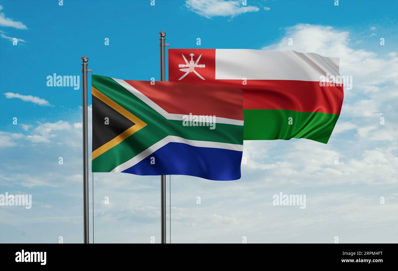 Oman and South Africa flag waving together in the wind on blue sky, two ...