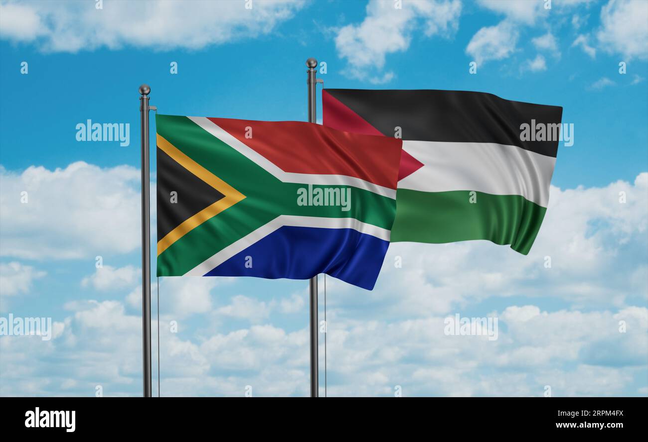 Palestine and Gaza Strip flag and South Africa flag waving together on ...