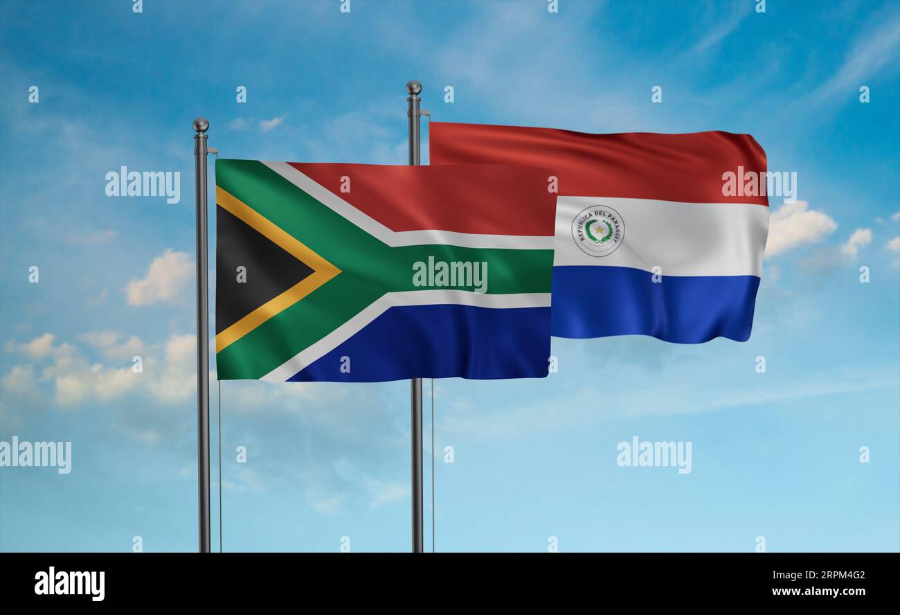 Paraguay flag and South Africa flag waving together on blue sky, two ...
