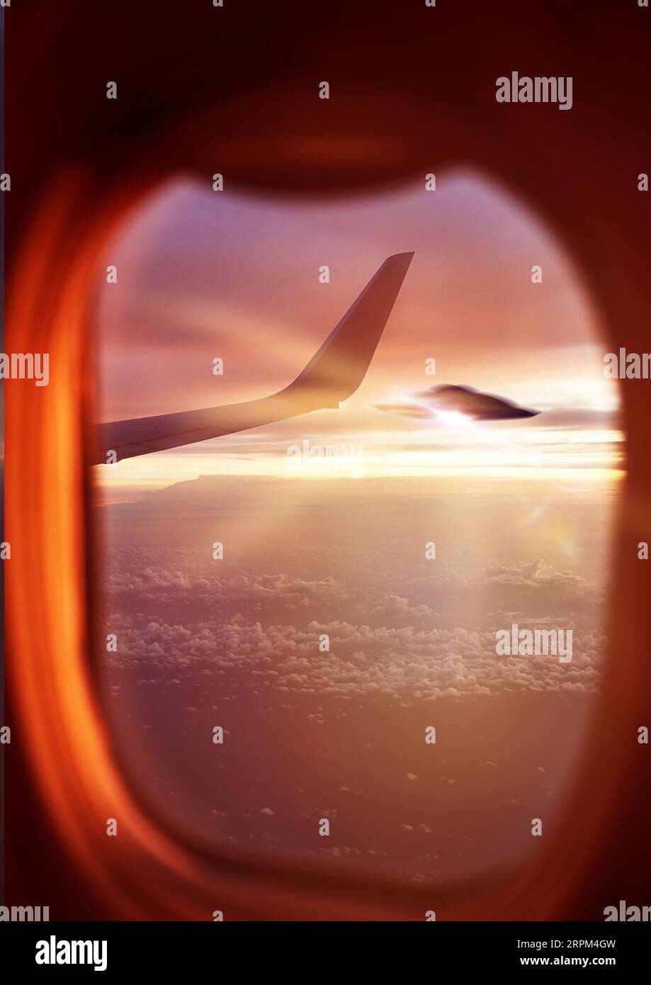 Travel, alien and a spaceship from the window of a plane flying in the ...