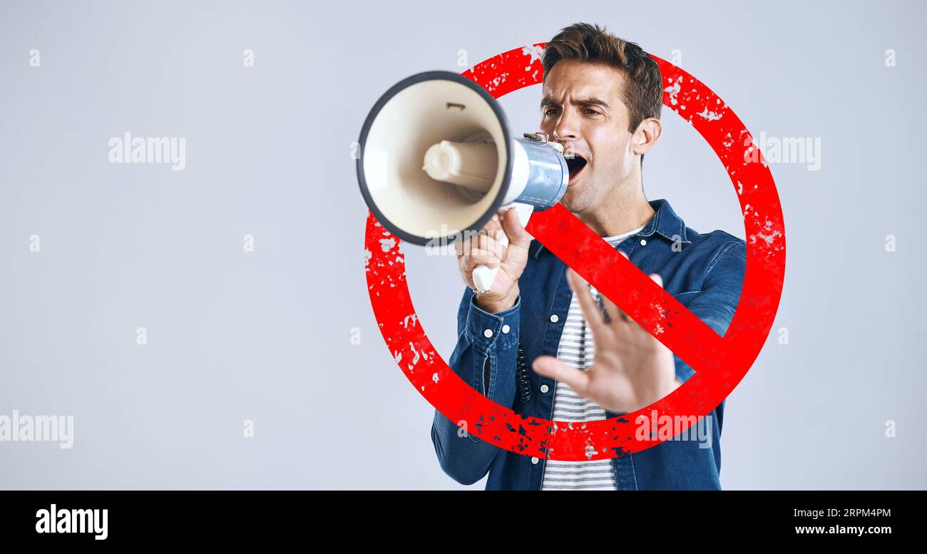Megaphone, stop and man with protest, speech and justice on a white ...