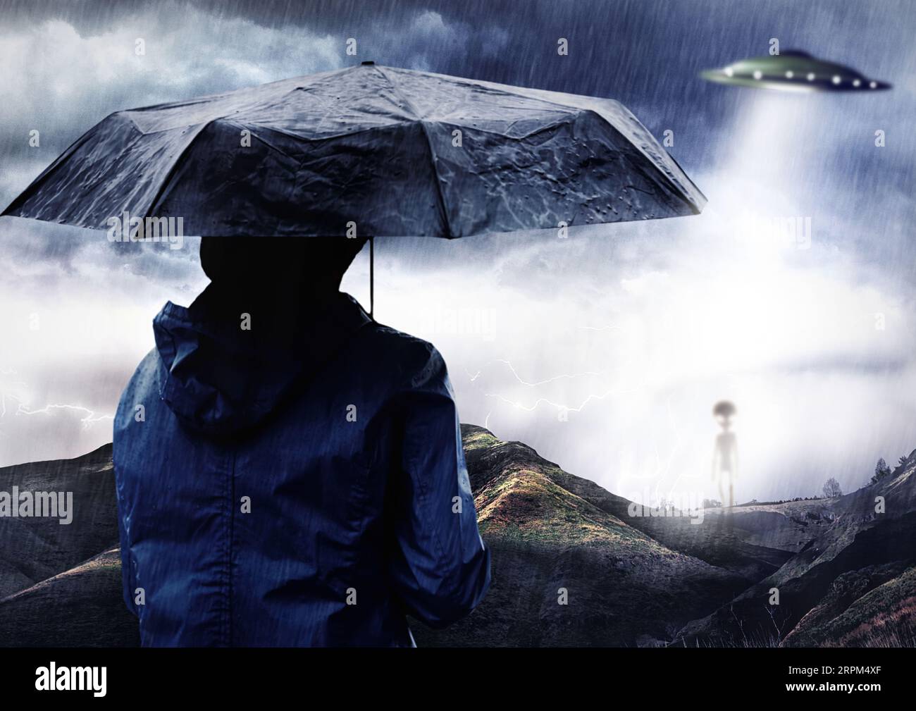 Rain umbrella, man and ufo of alien outdoor on spaceship in science ...
