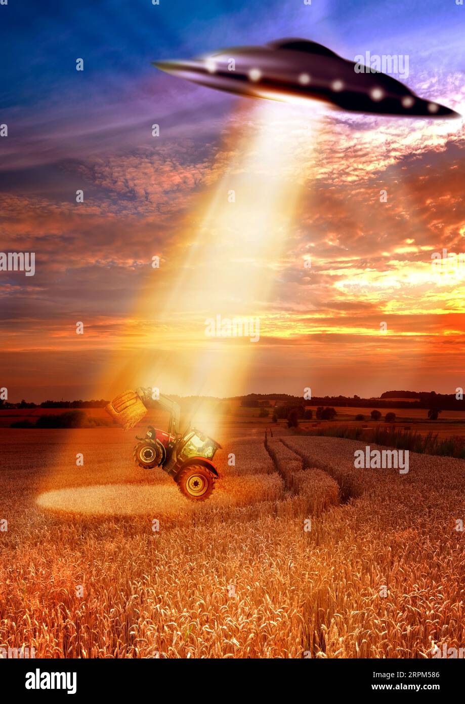 UFO, farm and field in night, alien invasion and research with light ...