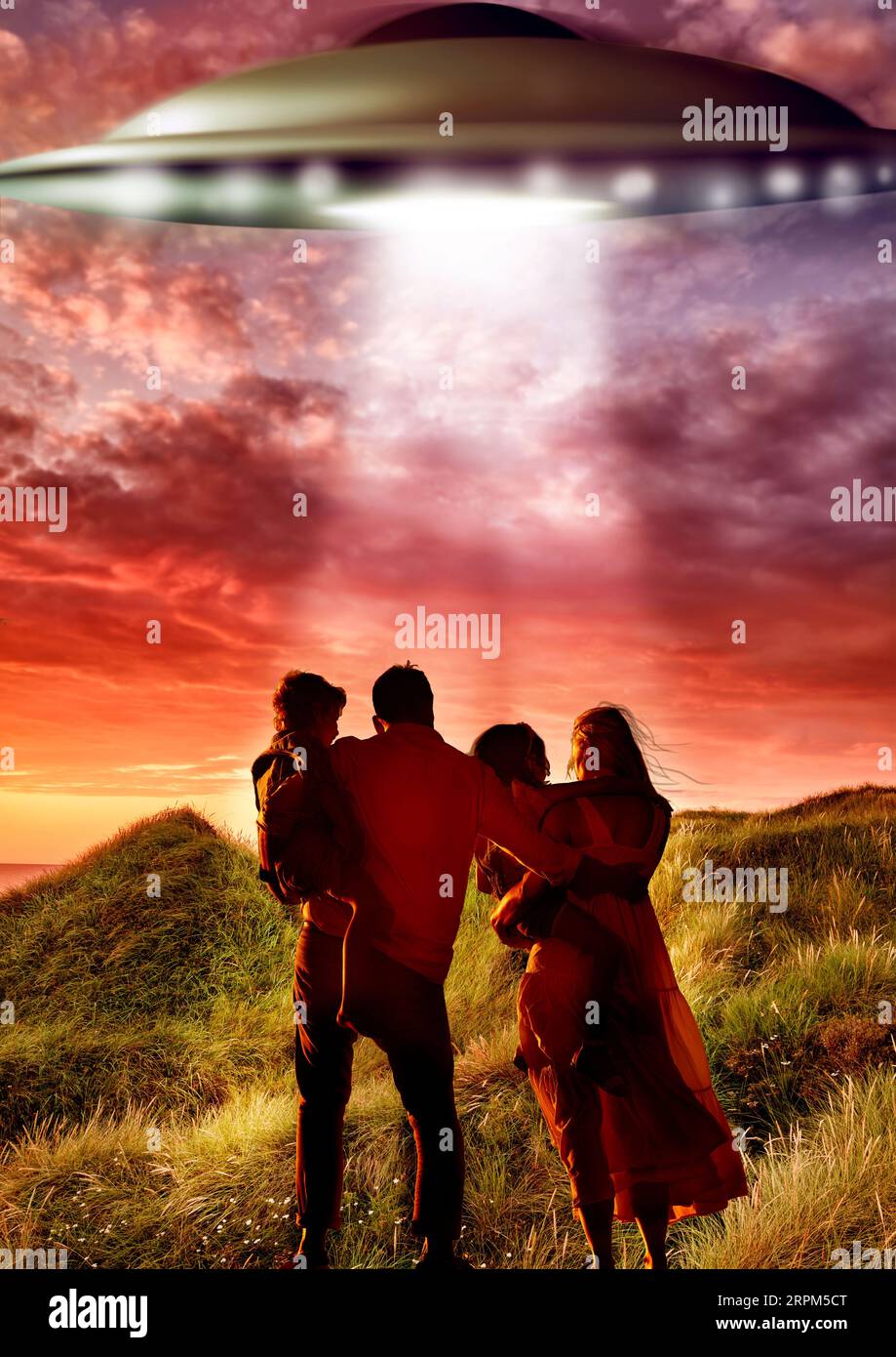 Back, alien and flying ufo with a family outdoor in nature together ...
