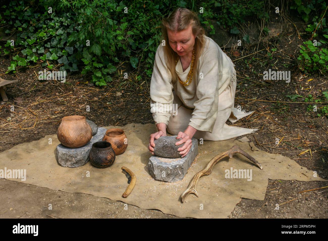 Netherlands, Alphen aan de Rijn; Pre-historic replica farmers tools and ...