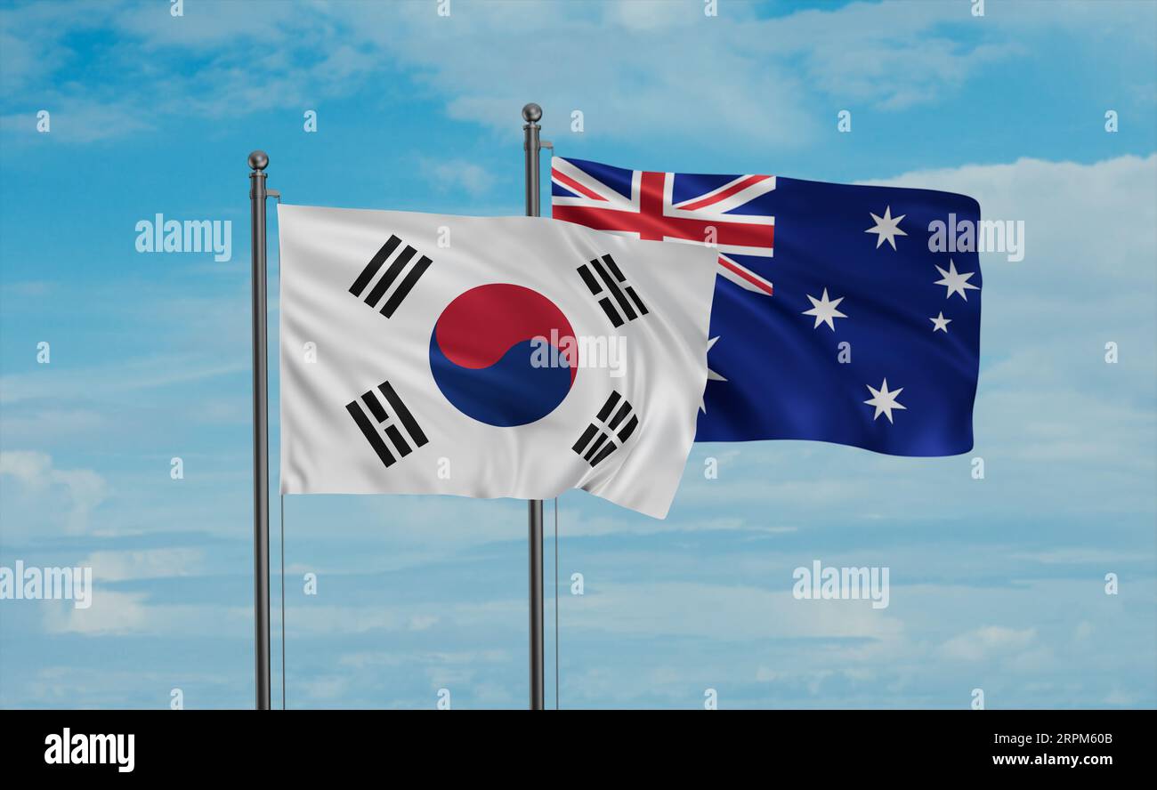 Australia flag and South Korea flag waving together on blue sky, two ...